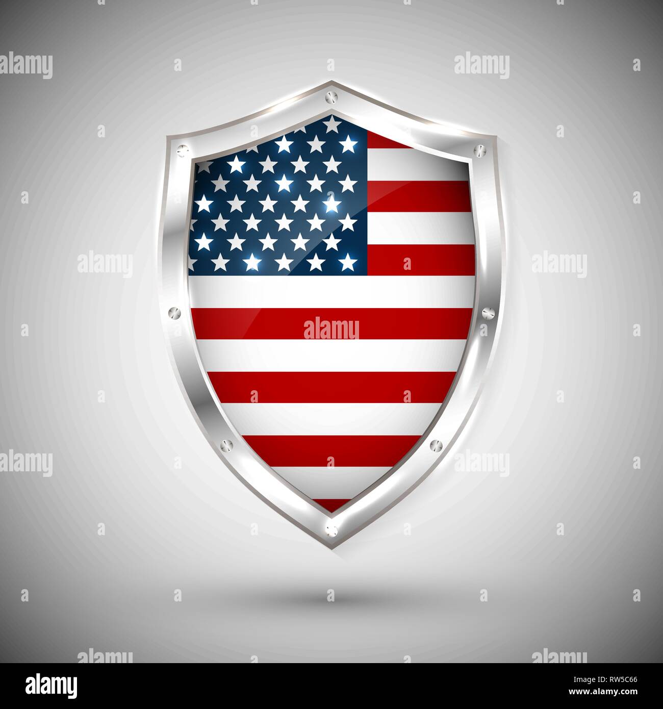 USA flag on metal shiny shield vector illustration. Collection of flags ...
