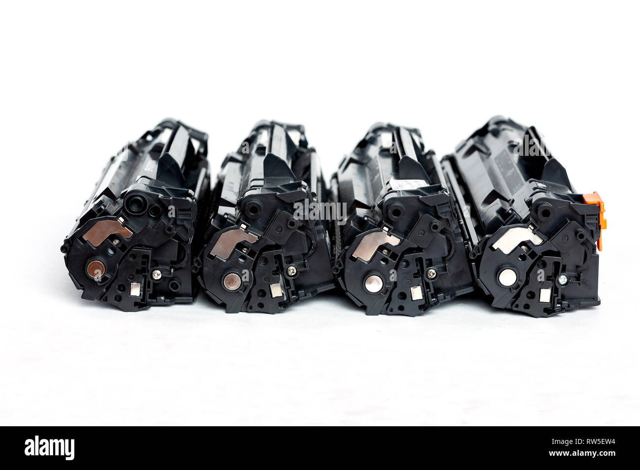 Three Used cartridges for laser printer isolated on white background ...