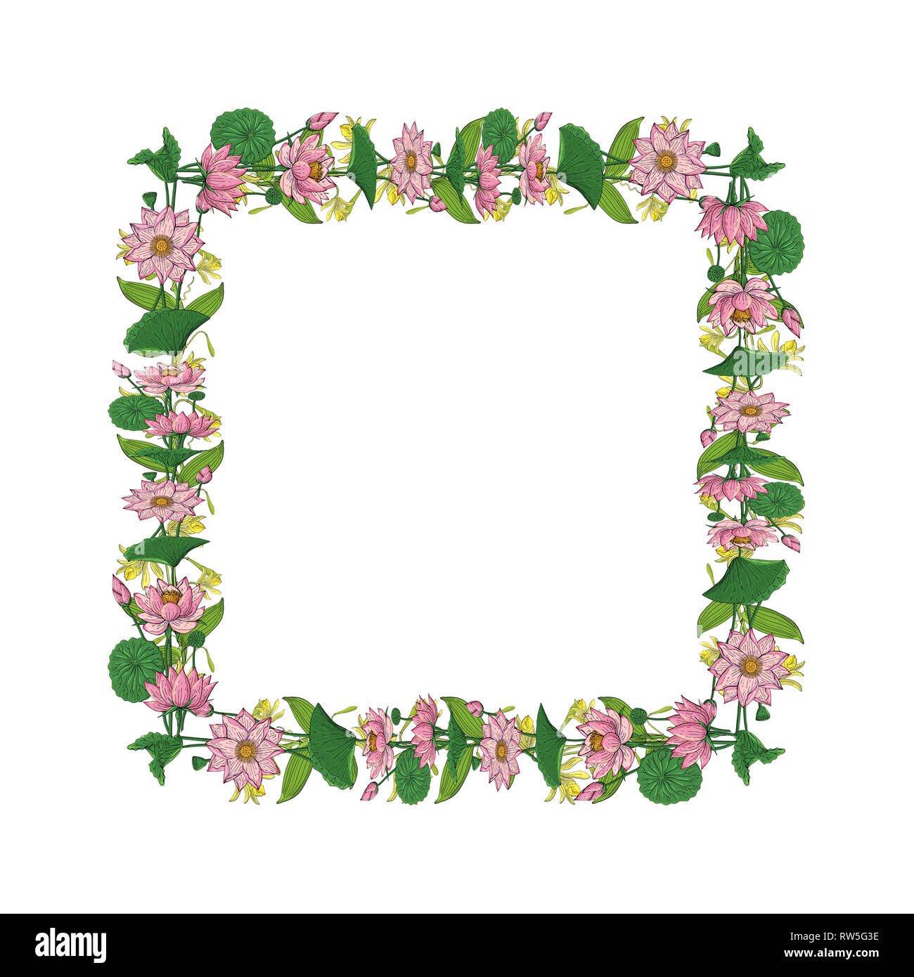 Wreath from lotus flowers, floral square decoration border, botanical ...