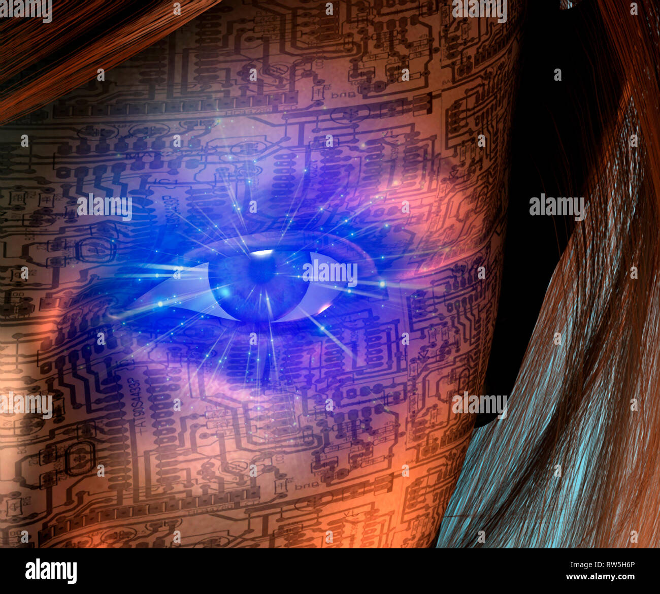 Technology Human. Woman face with electric circuit pattern and glowing ...