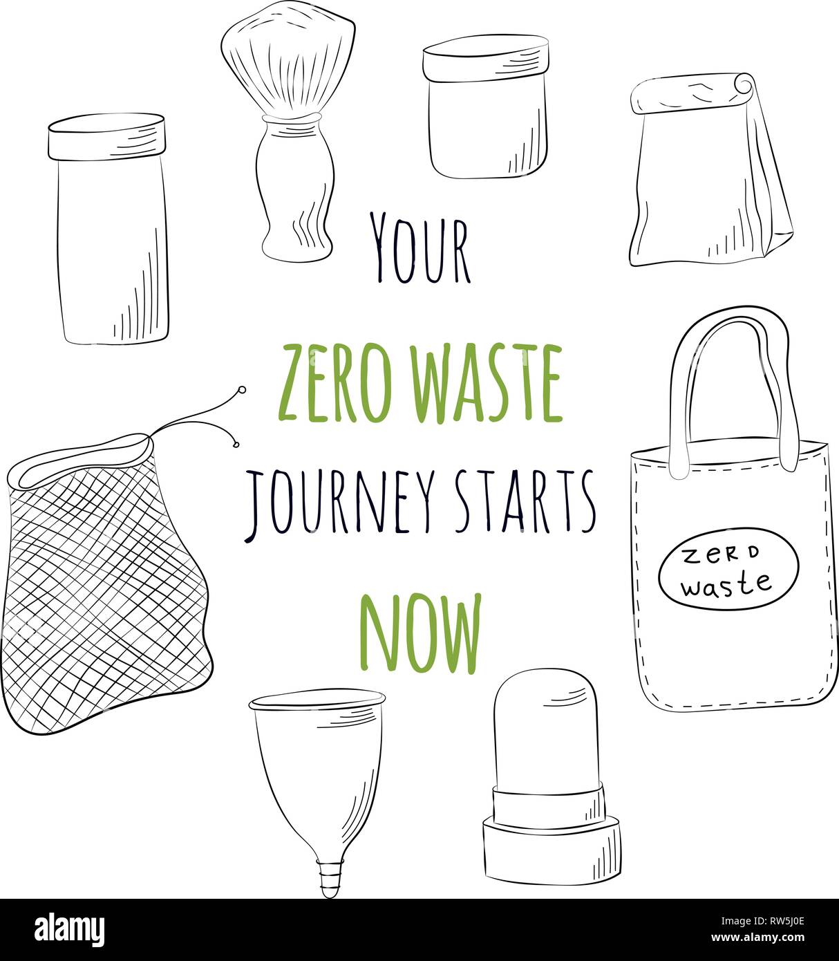 Zero Waste Concept Hand drawn elements of zero waste life Zero waste ...