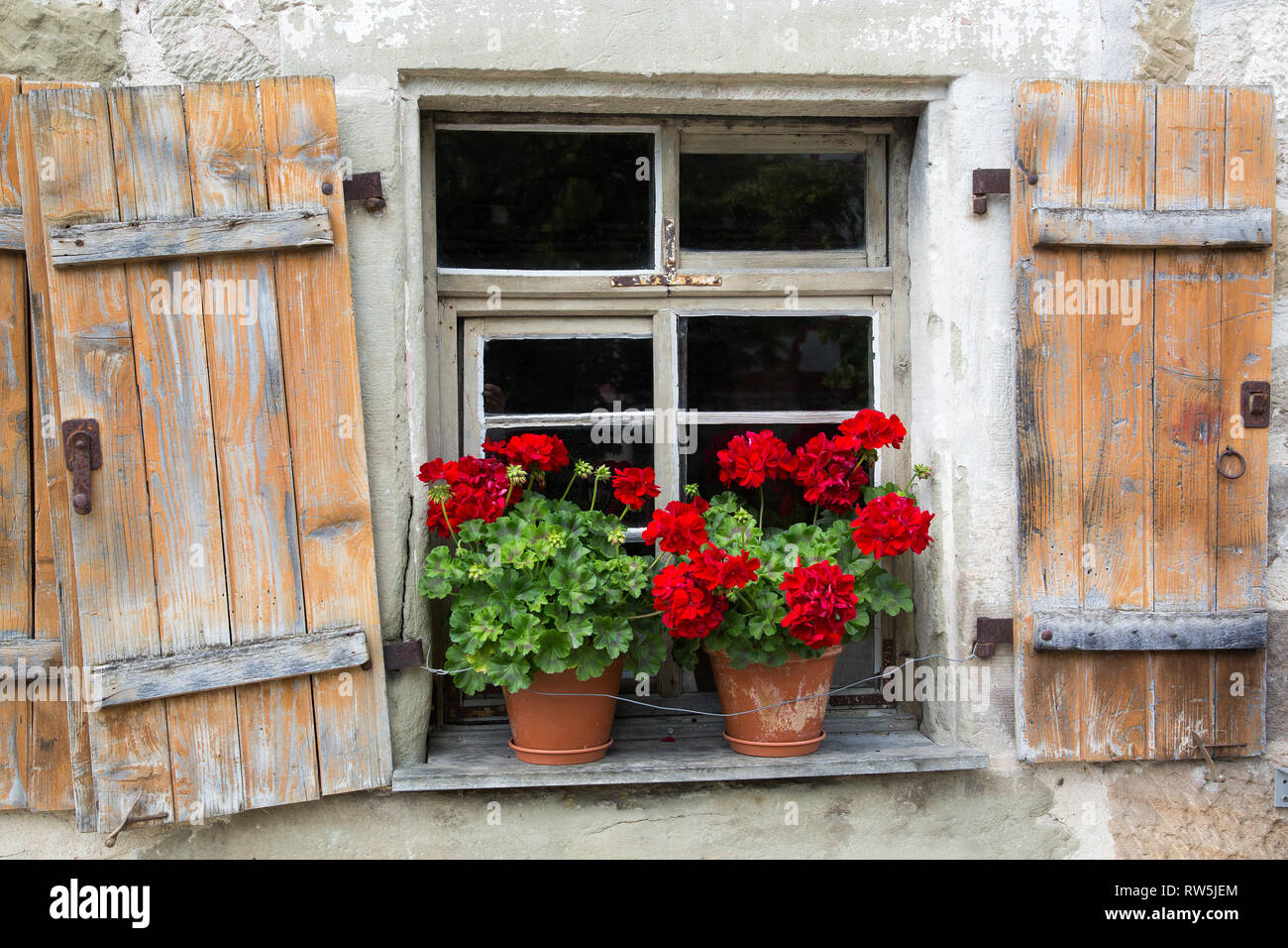 Old window with open shutters and geranium flower decoration Stock ...