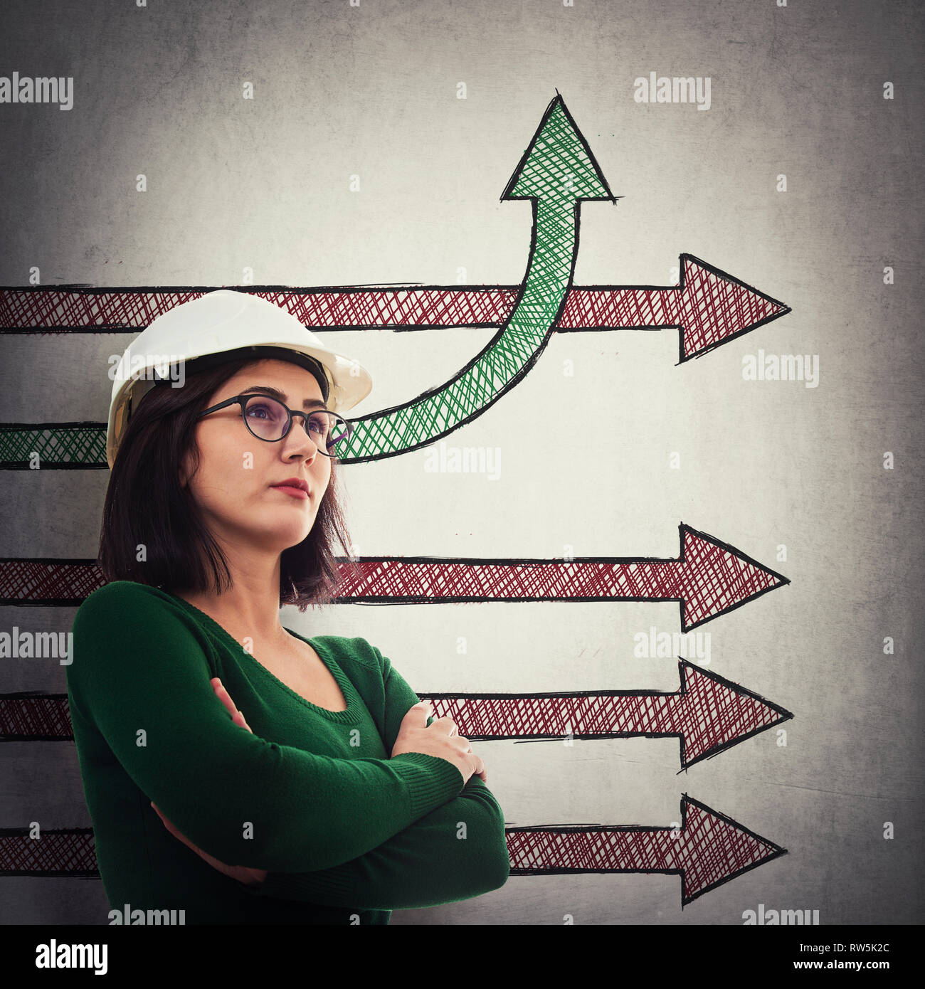 Confident woman engineer, thinking as arrows sketch come through head ...