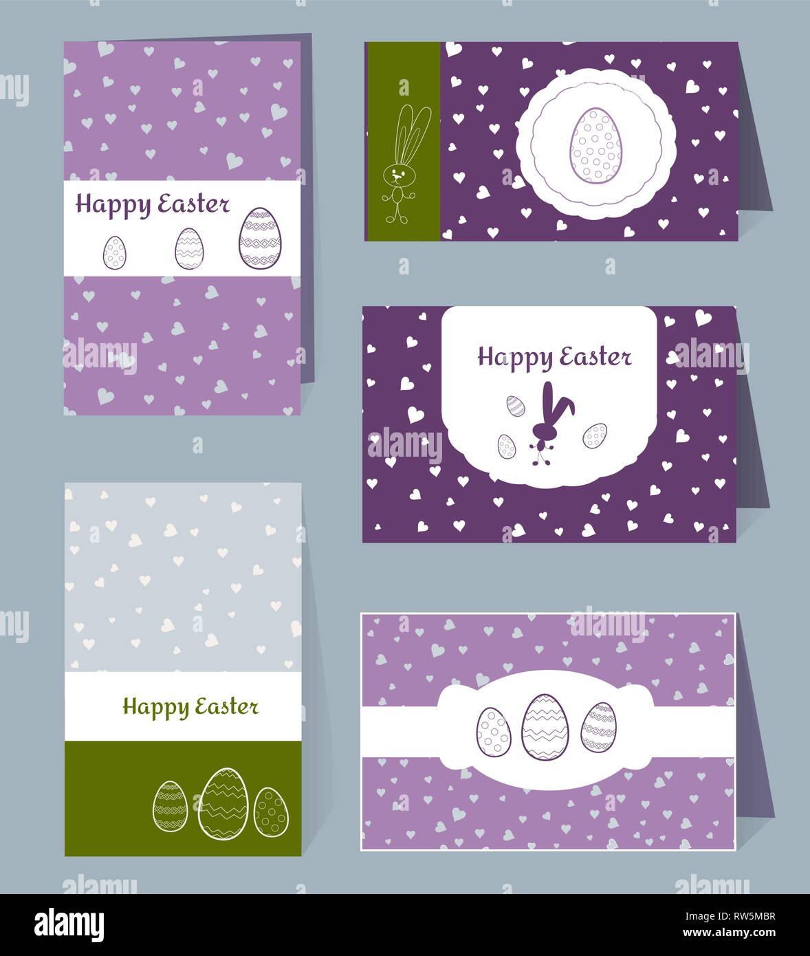 Vector card Happy Easter templates with eggs, rabbits, hearts and white ...