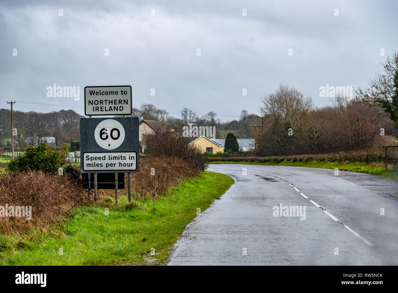 PETTIGO / IRELAND - MARCH 03 2019 : Signs showing the border of the ...