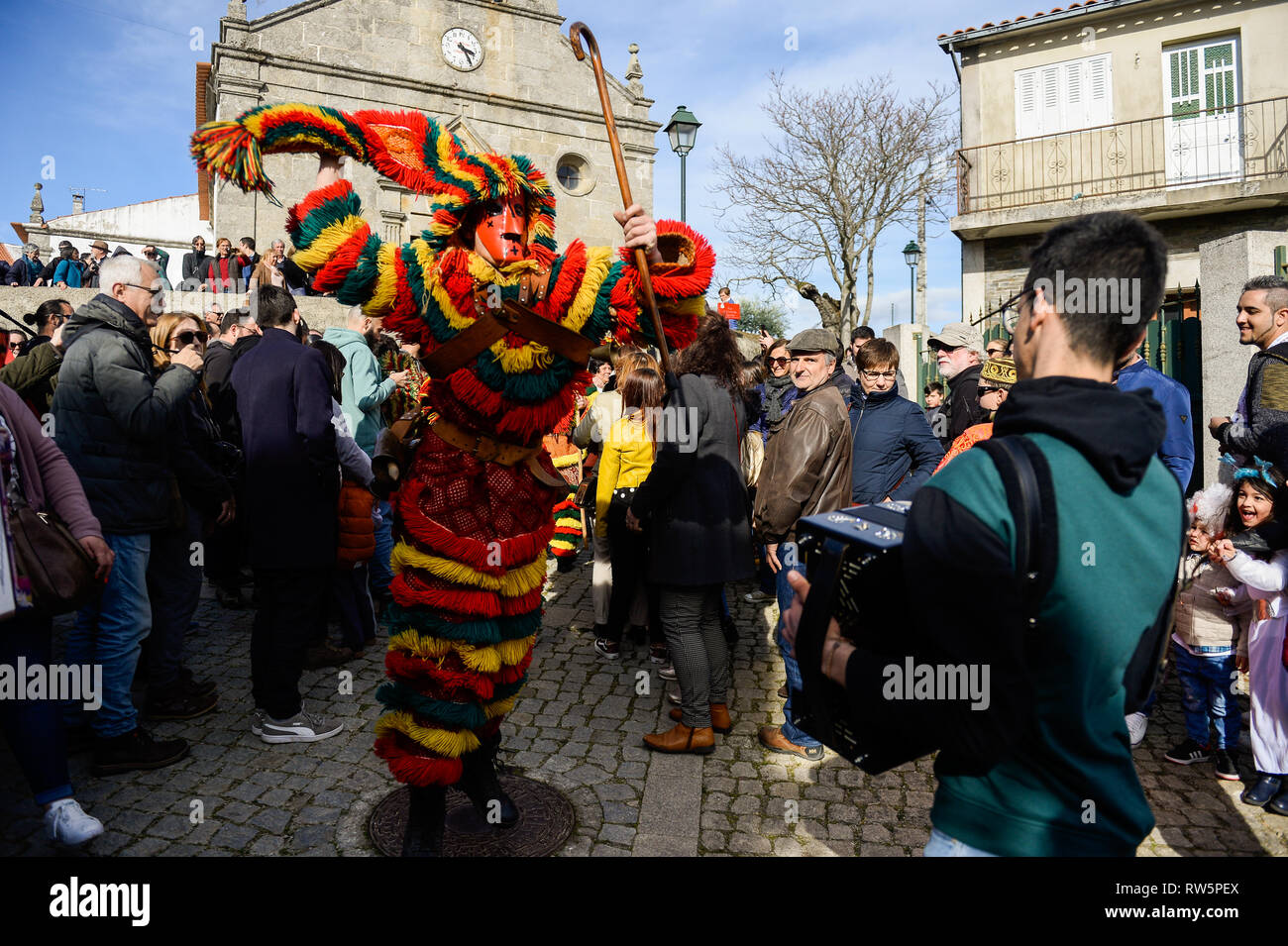 A Careto is seen jumping during the Carnival celebrations in Podence ...