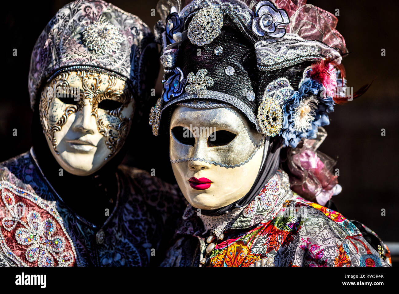 Close-up of a costume reveller poses during the Carnival in Venice ...