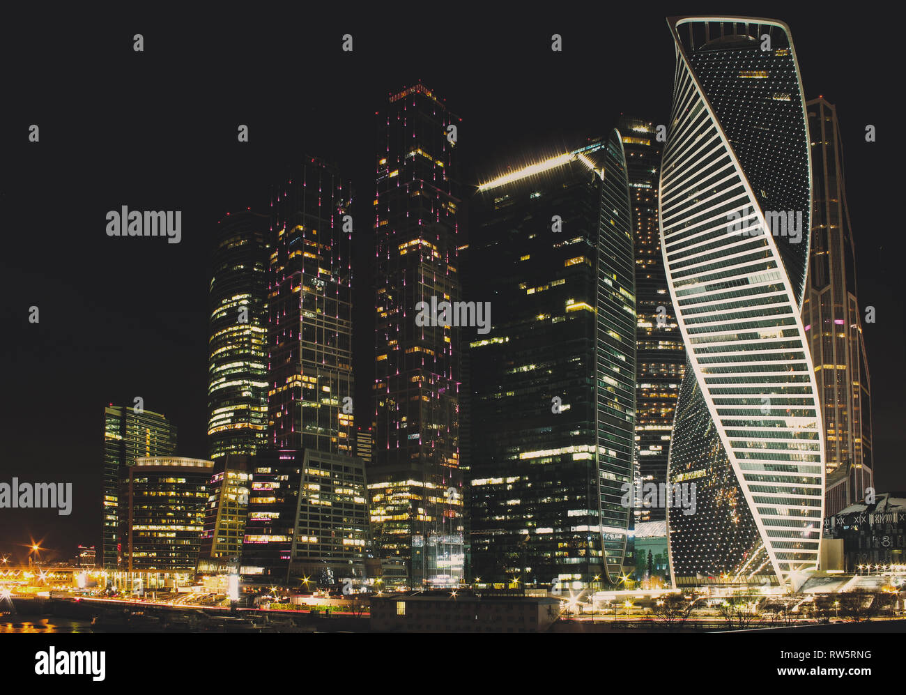 Moscow City building at night view from the observation platform ...