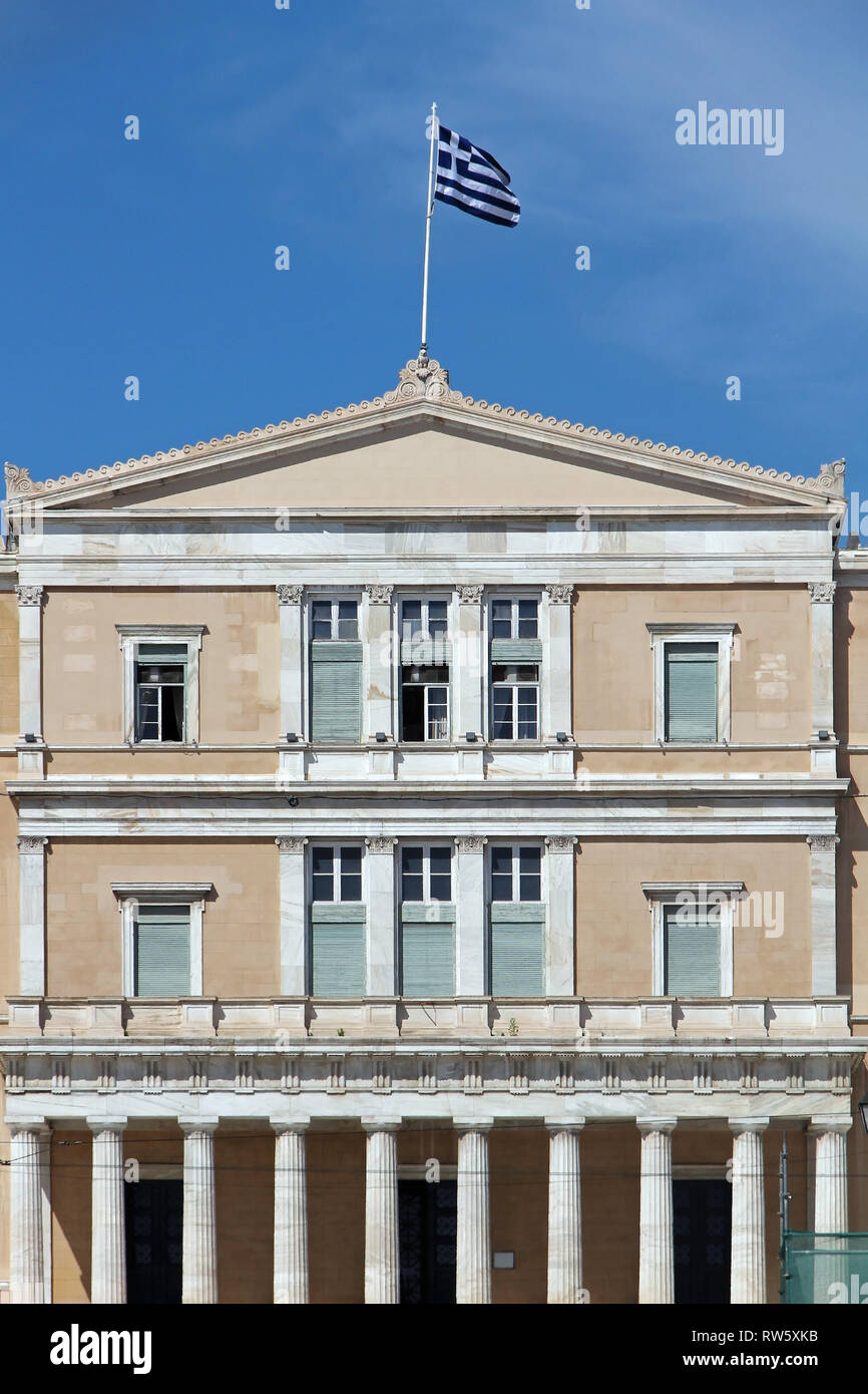 Old building facade with Greek flag on the roof in Athens Stock Photo ...
