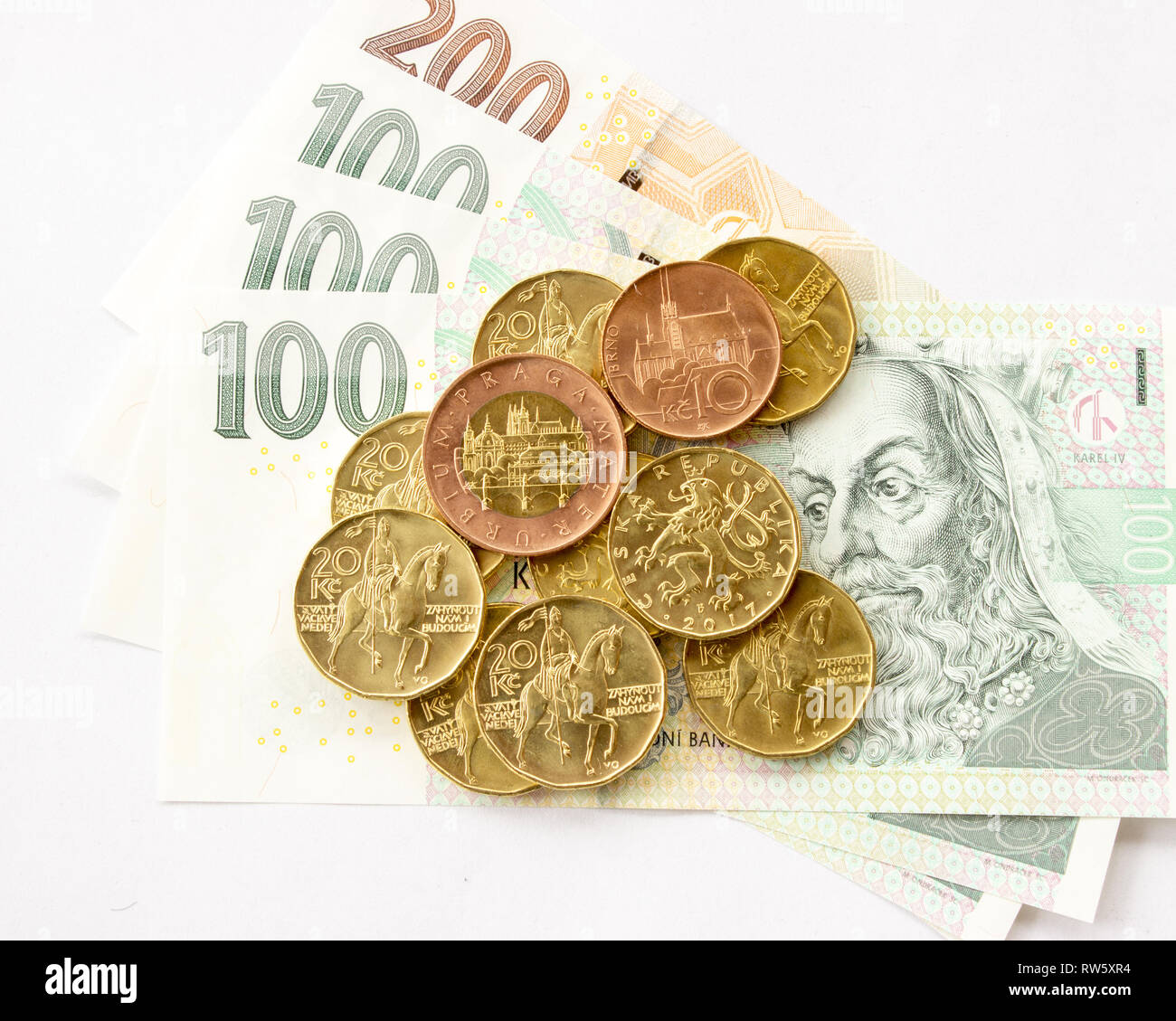 Czech coin on the various Czech banknotes money like background ...
