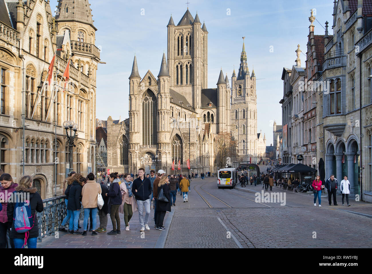 GENT, BELGIUM - FEBRUARY 17, 2019: the historic streets of the city ...