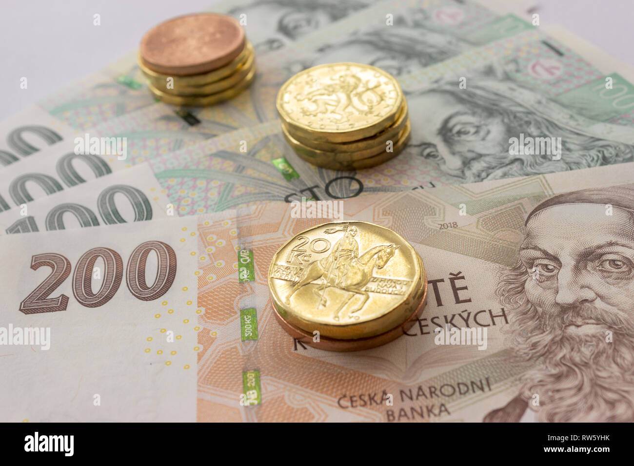 Czech coin on the various Czech banknotes money like background ...