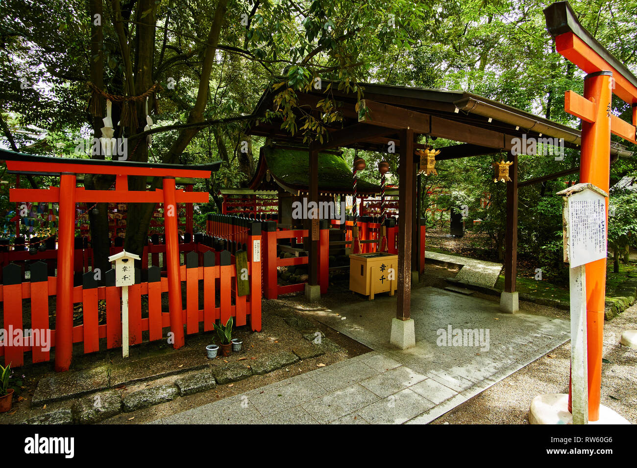 Two vermilion torii gates stand near a small shrine in the courtyard in ...