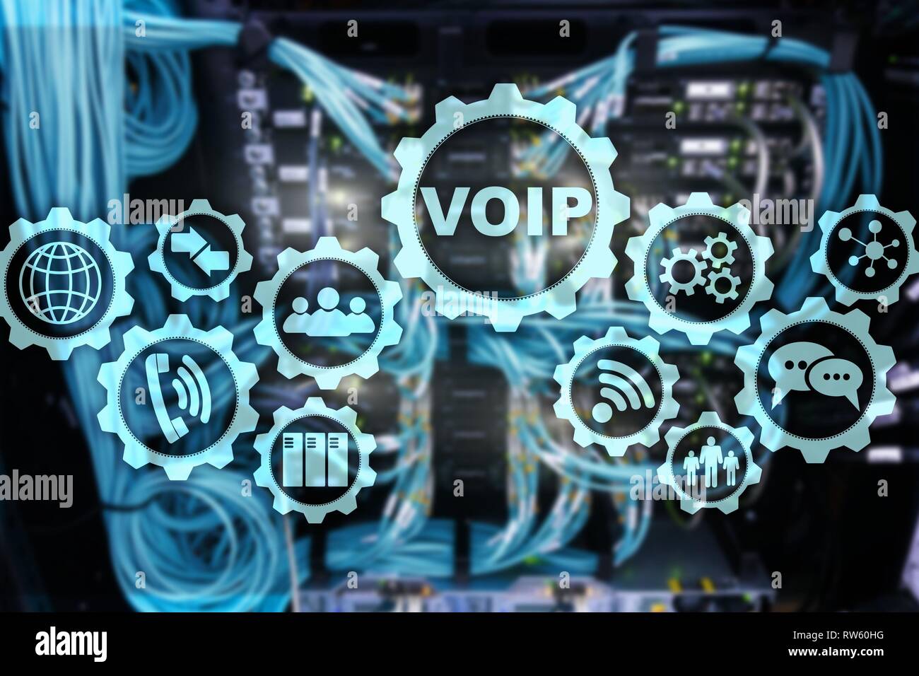 VoIP Voice over IP on the screen with a blur background of the server ...