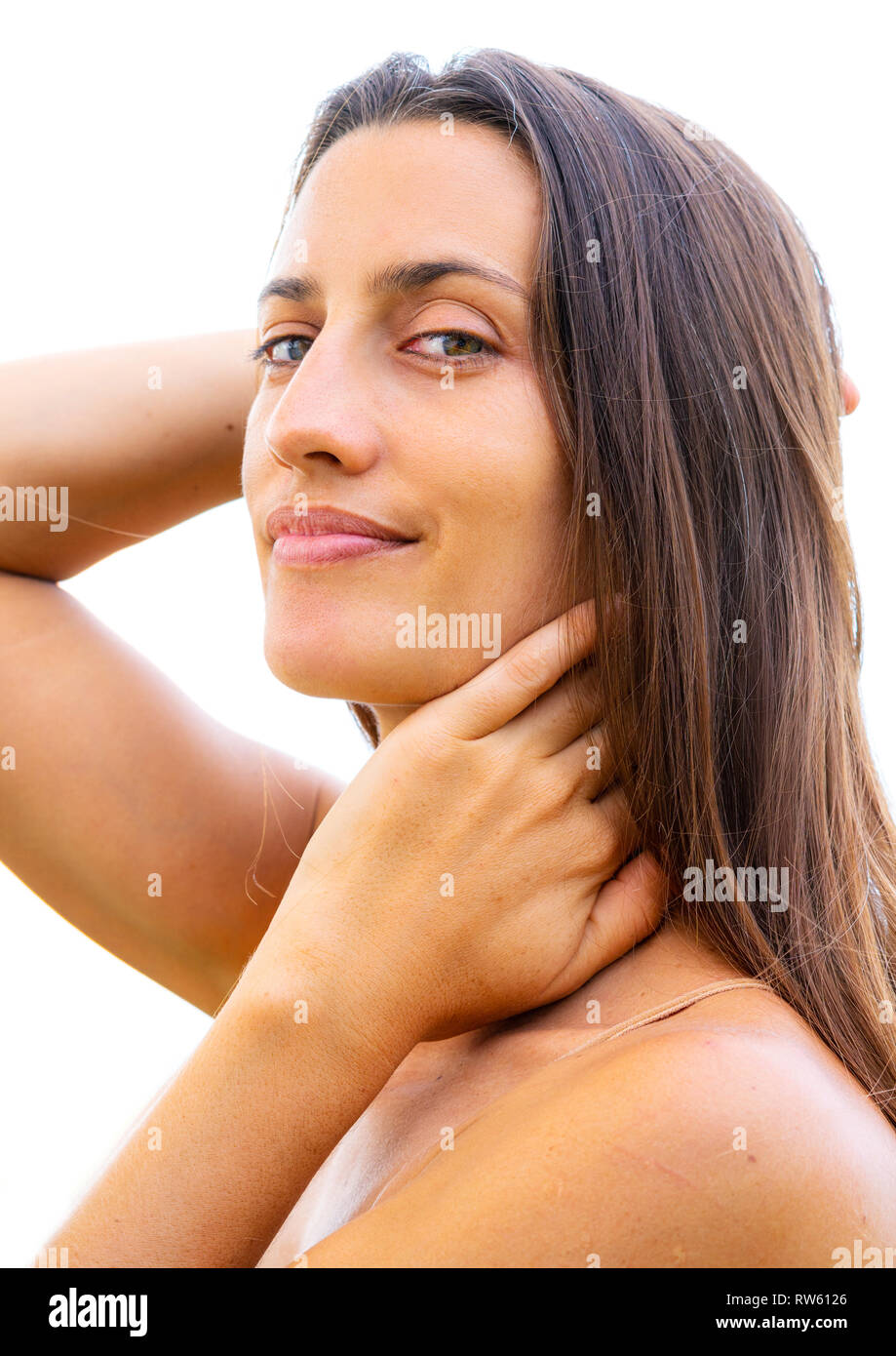 Her stunning portrait is captured against a white background Stock ...