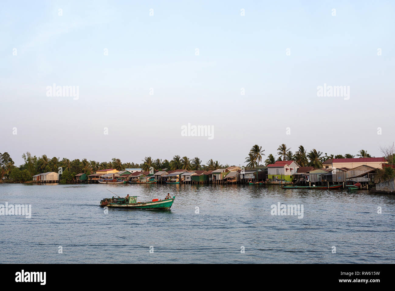 Cambodia, Kampot Province, Kampot, Fishing boat on Kampong Bay river at ...