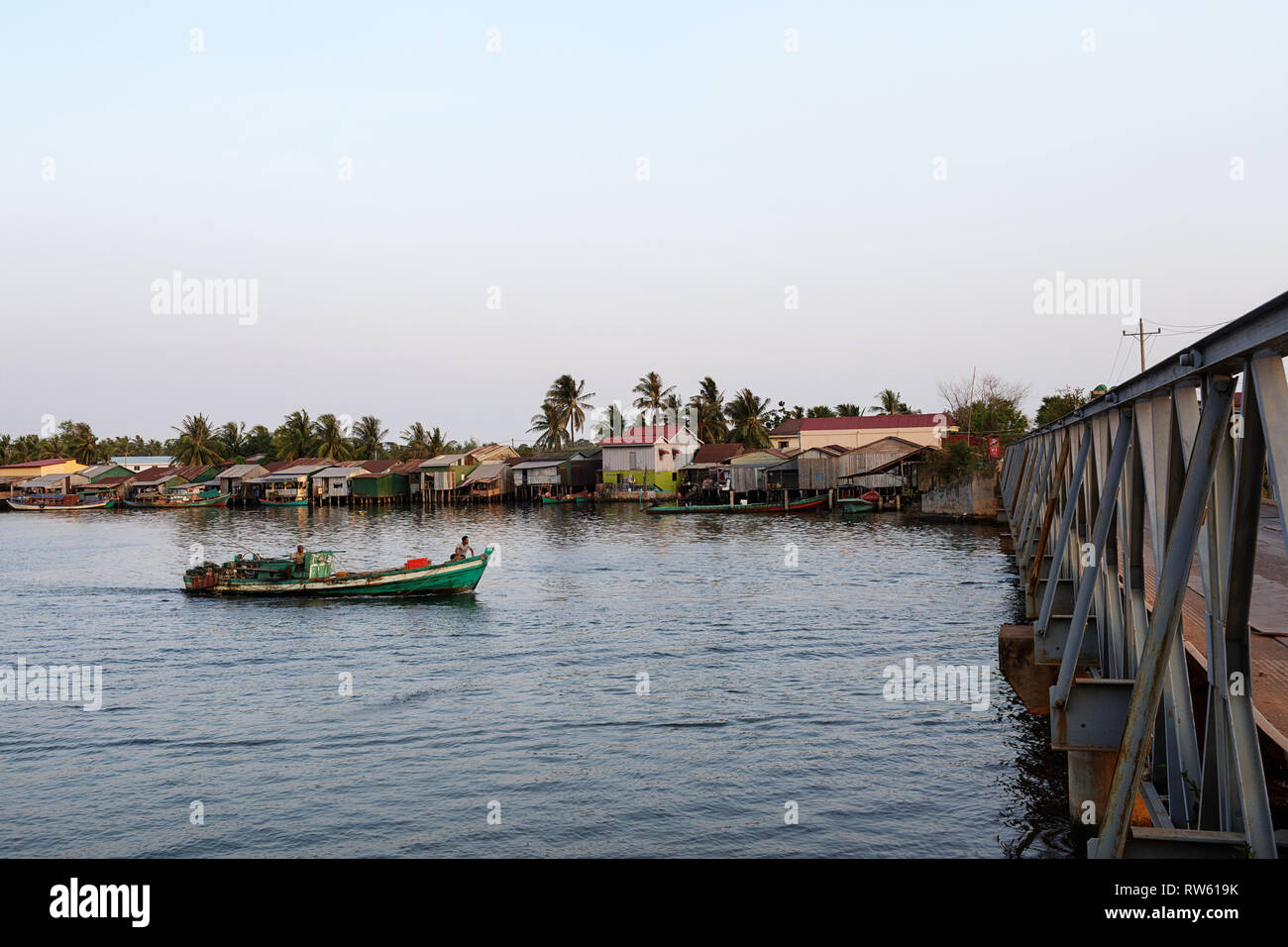 Cambodia, Kampot Province, Kampot, Fishing boat on Kampong Bay river at ...