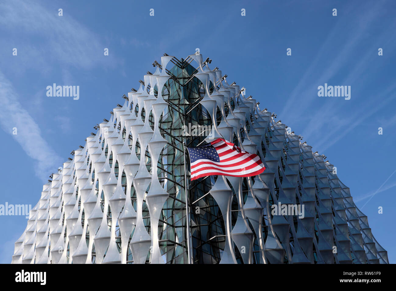 The US Embassy building with the stars and stripes American flag flying ...