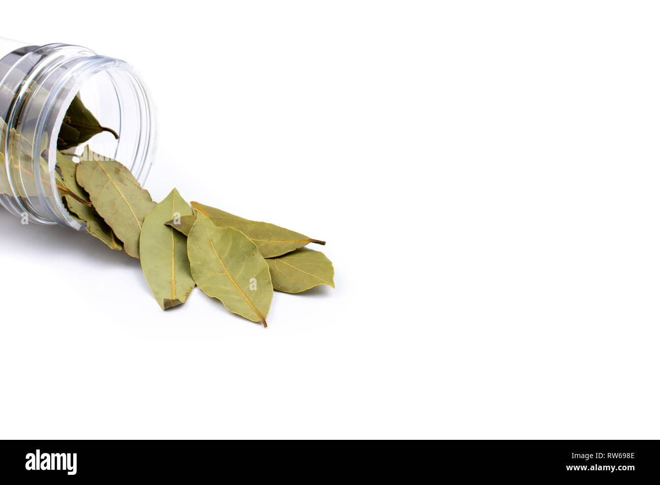 Bay leaves pouring out of container on white Stock Photo - Alamy
