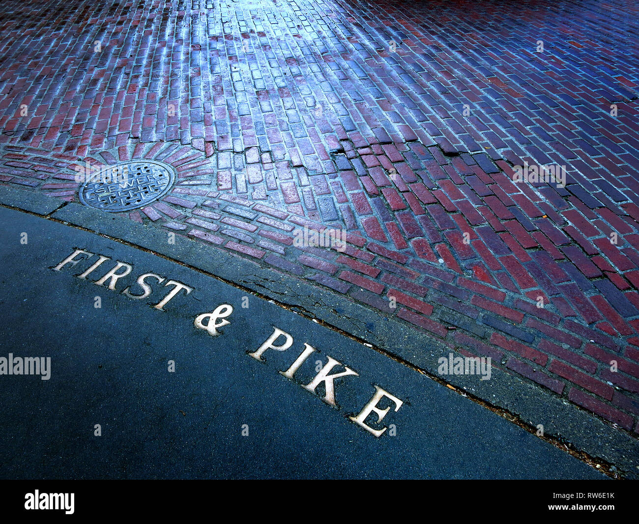 First and Pike Street on corner of road in Seattle Washington Stock ...