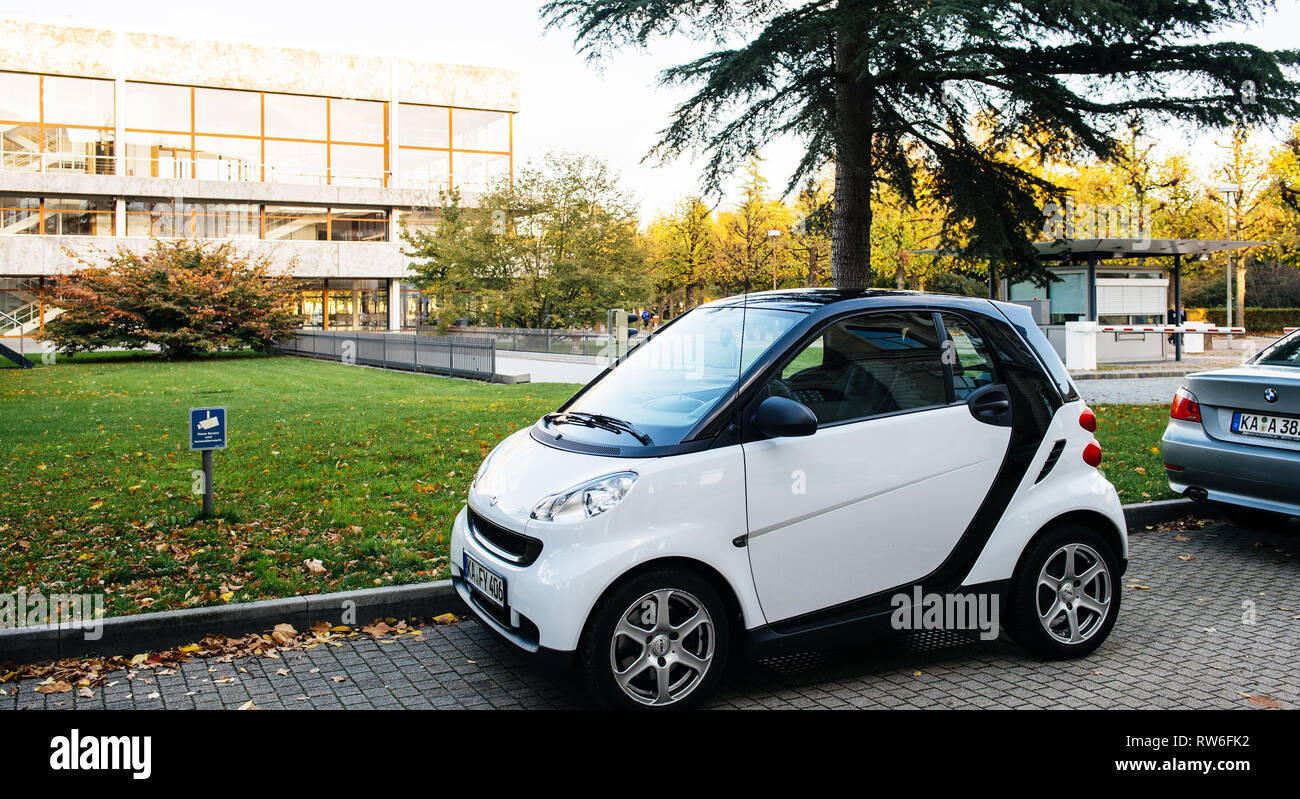 Karlsruhe, Germany - Oct 29, 2017: Side view of new Mercedes Smart ...