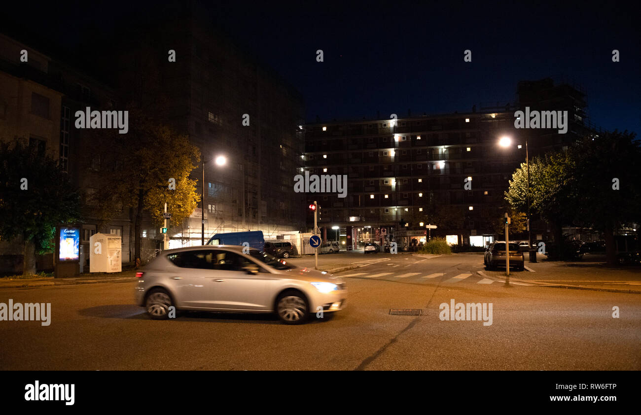 Strasbourg, France - Oct 13, 2018: Night view of HLM buildings ...