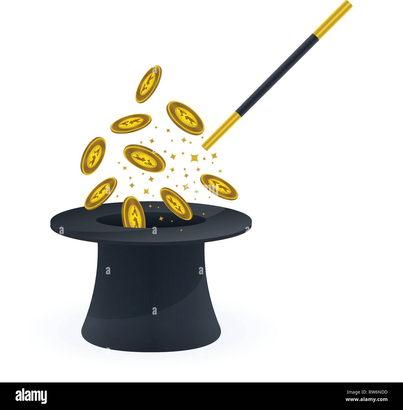 Gold coins and stars flying out of magic hat. Financial concept design ...