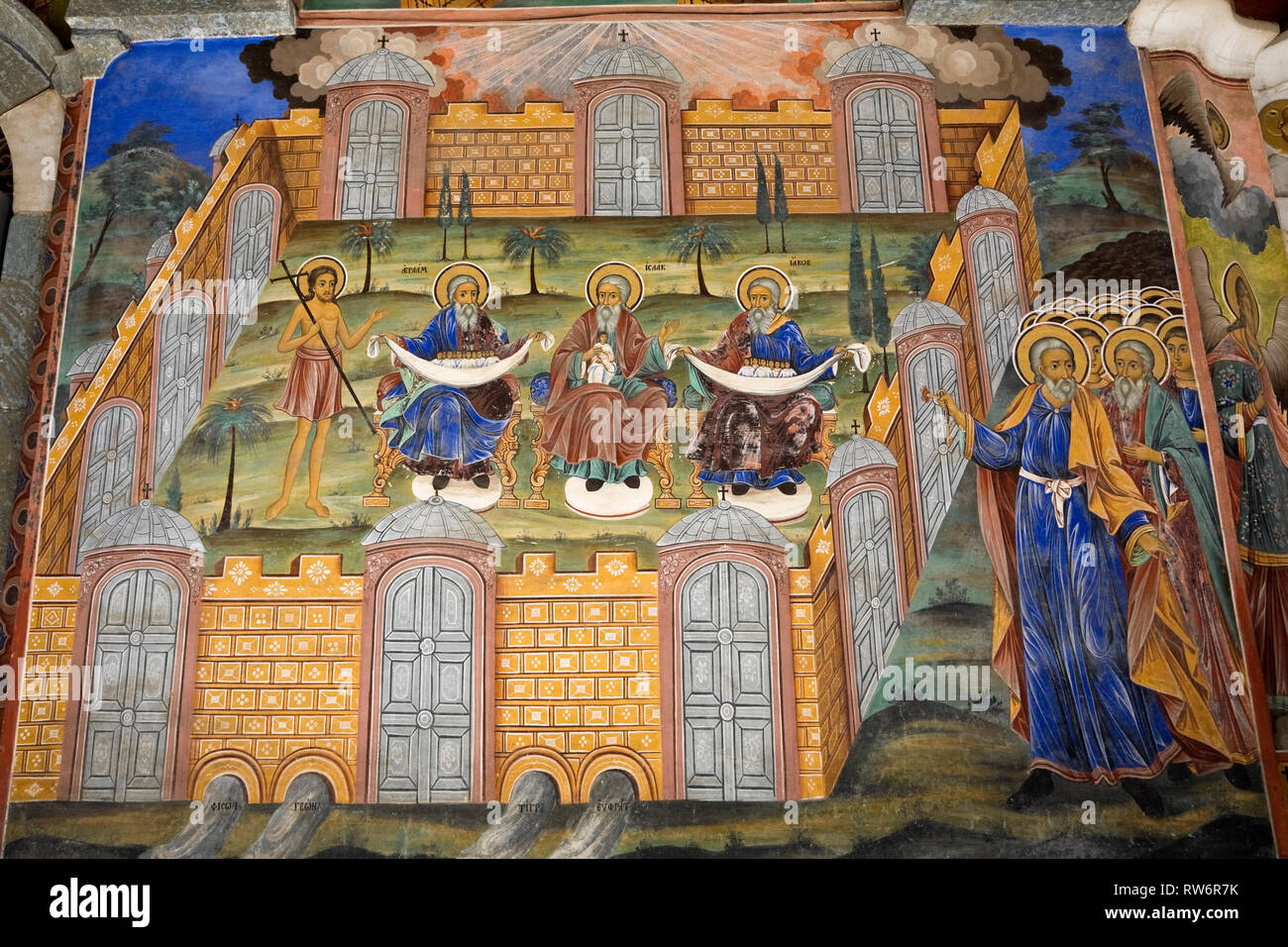 Religious fresco painting on the outside of the Nativity Church at the ...