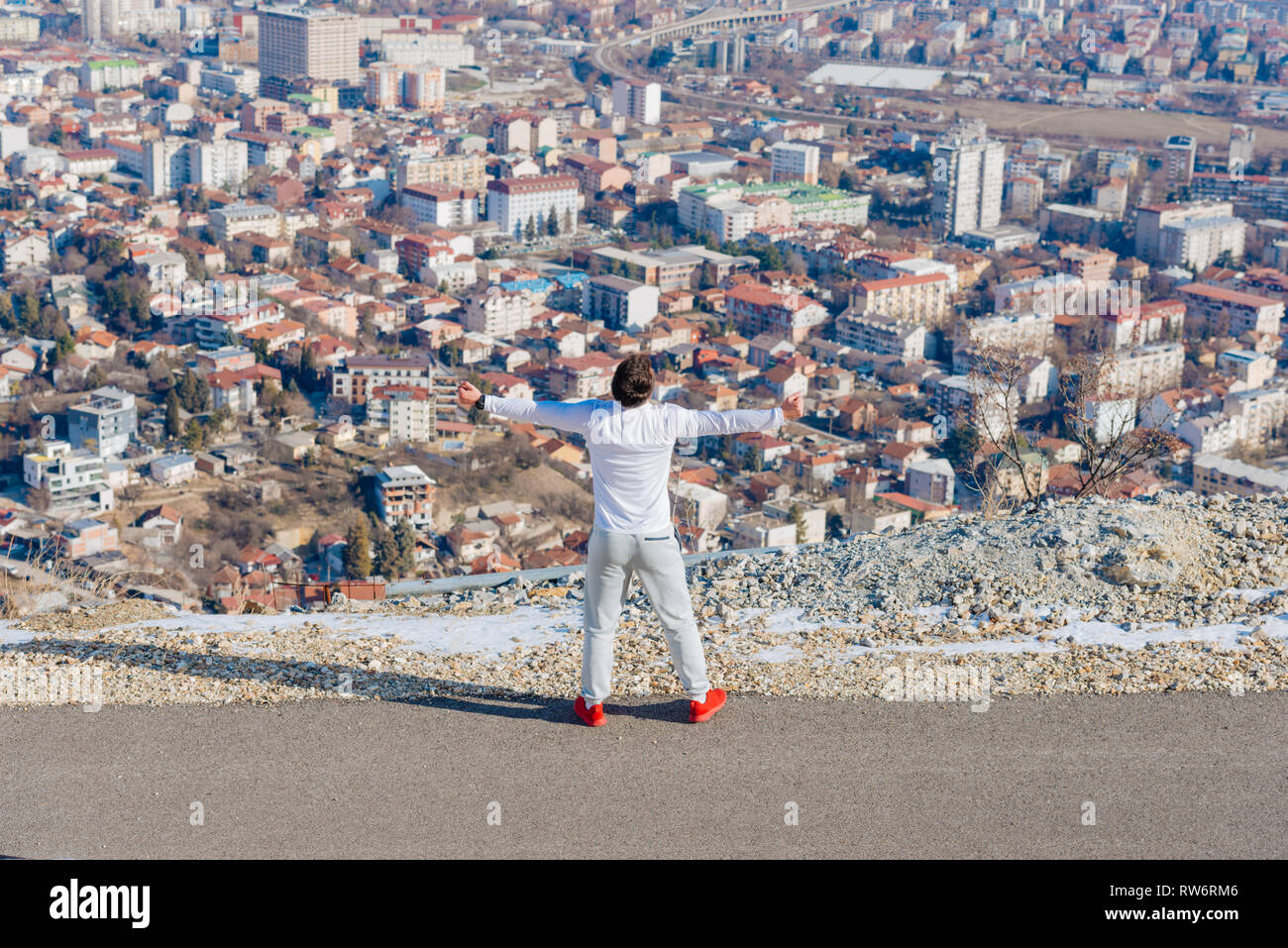 Bodybuilder performing his warming up session while having an excellent ...