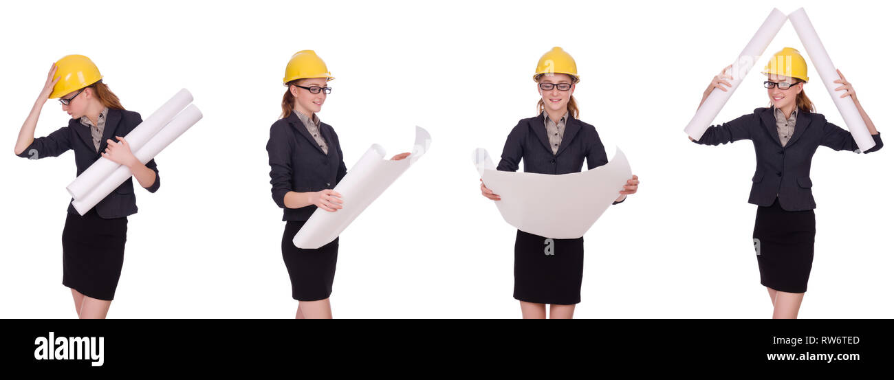 Female architect with blueprint isolated in white Stock Photo - Alamy