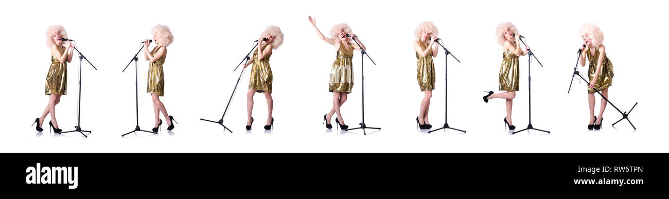 Pop star with mic on white Stock Photo - Alamy