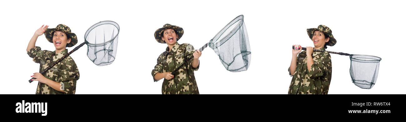 Woman in military clothing with catching net Stock Photo - Alamy