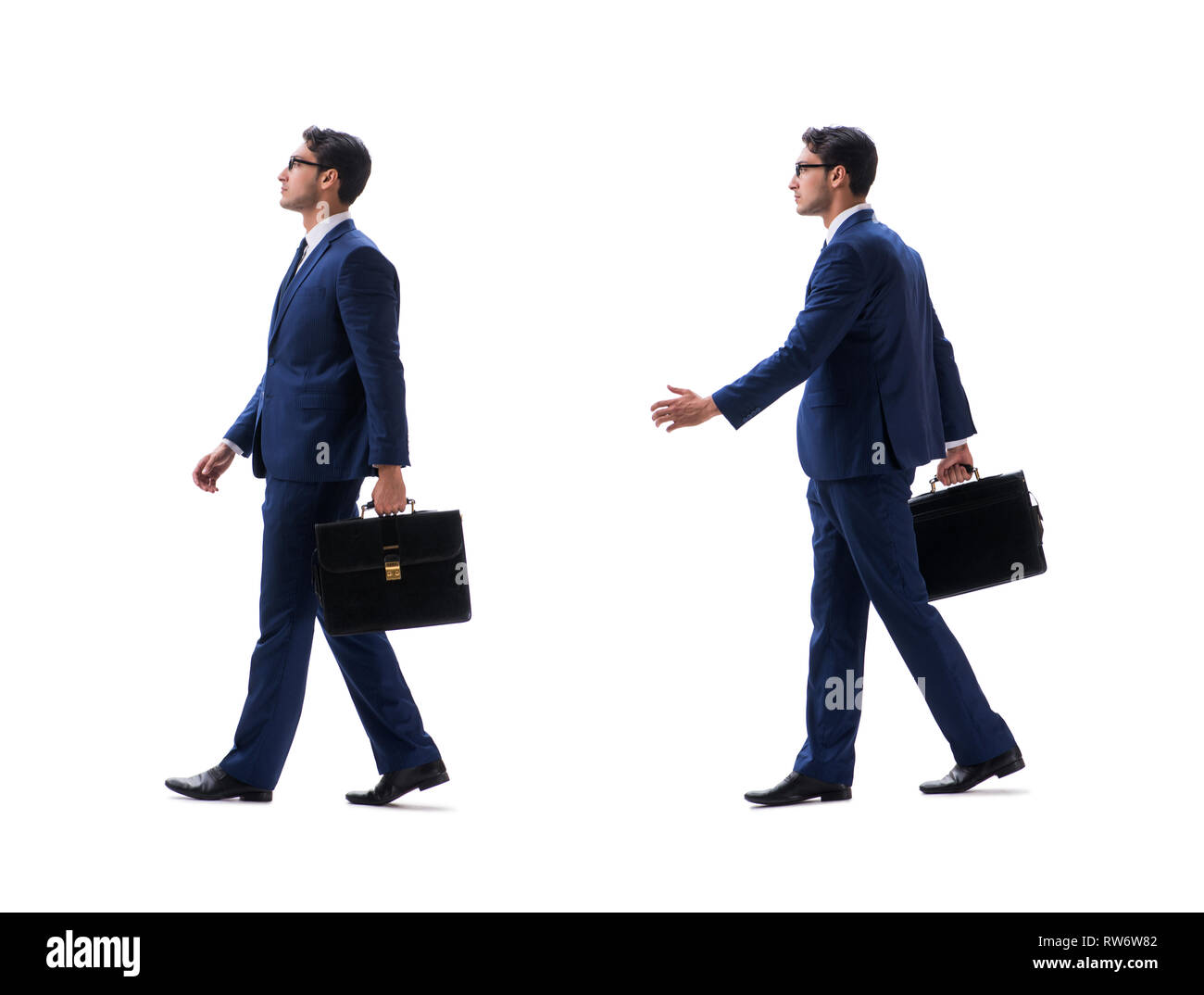 Businessman walking standing side view isolated on white background ...