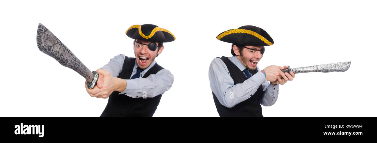 One-eyed man with weapon isolated on white Stock Photo - Alamy