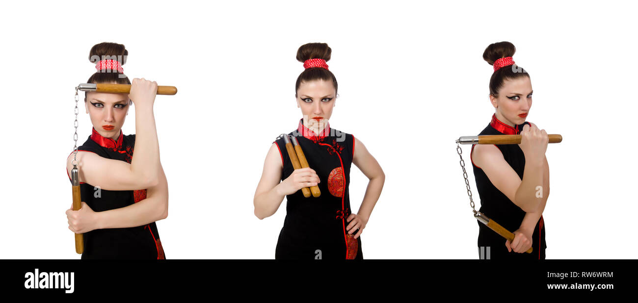 Funny woman with nunchucks isolated on white Stock Photo - Alamy