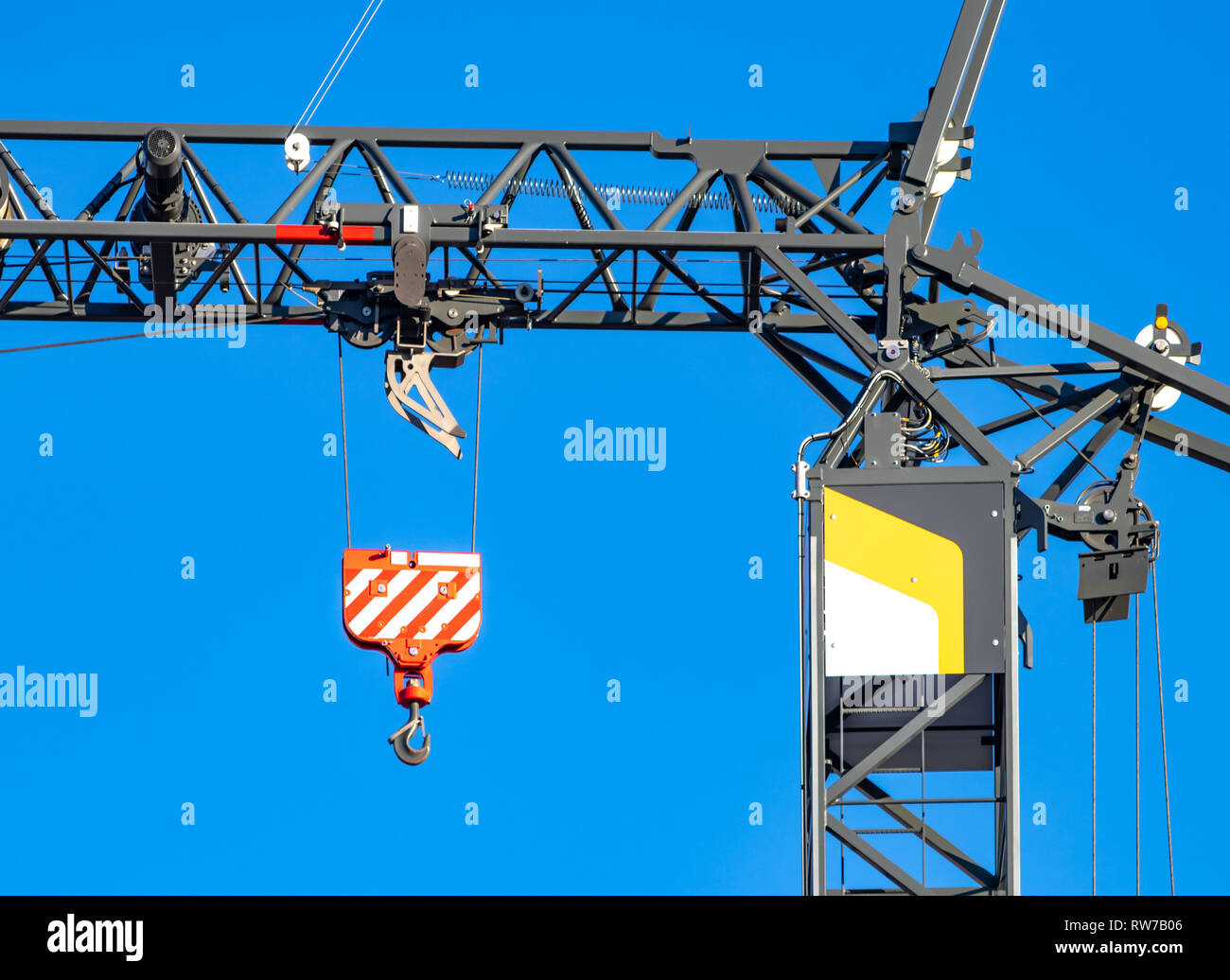 construction site crane with hook, industry detail working Stock Photo ...