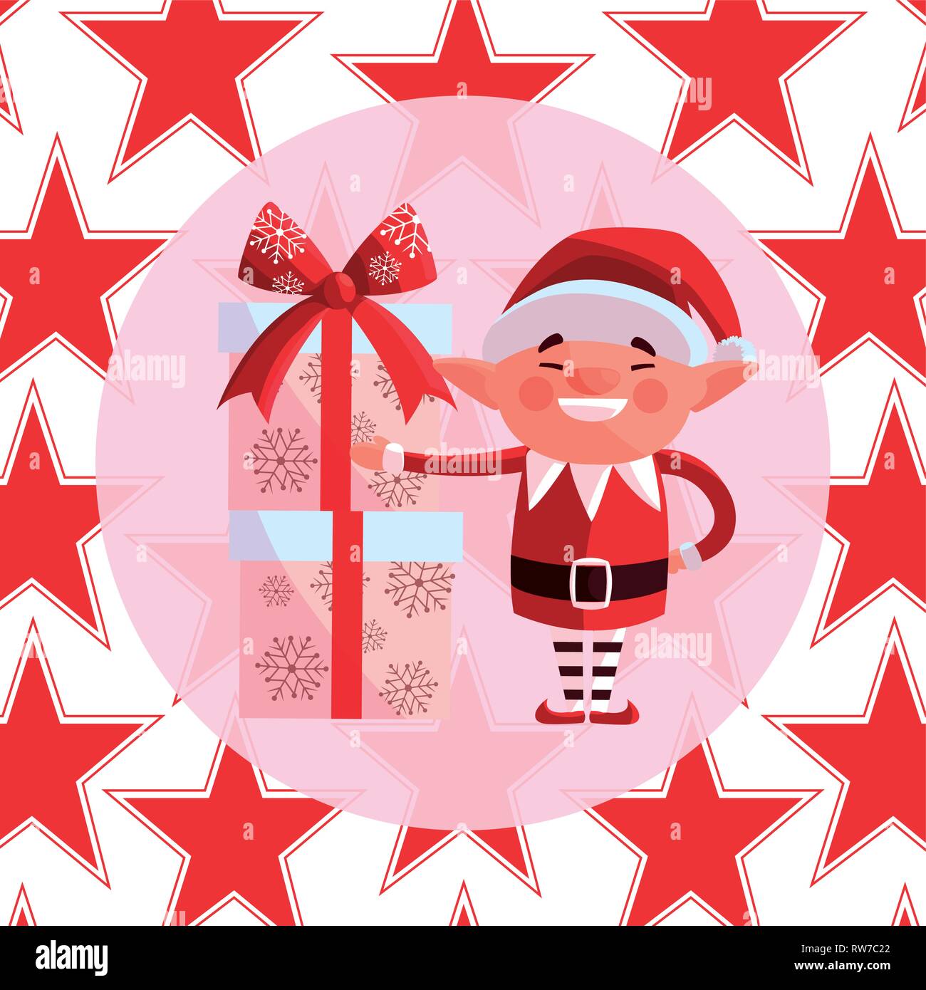 Christmas elf and gift box over colorful background, vector ...