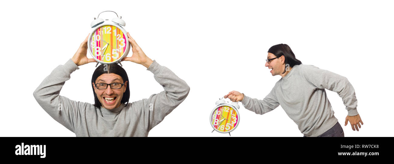Funny man with clock isolated on white Stock Photo - Alamy