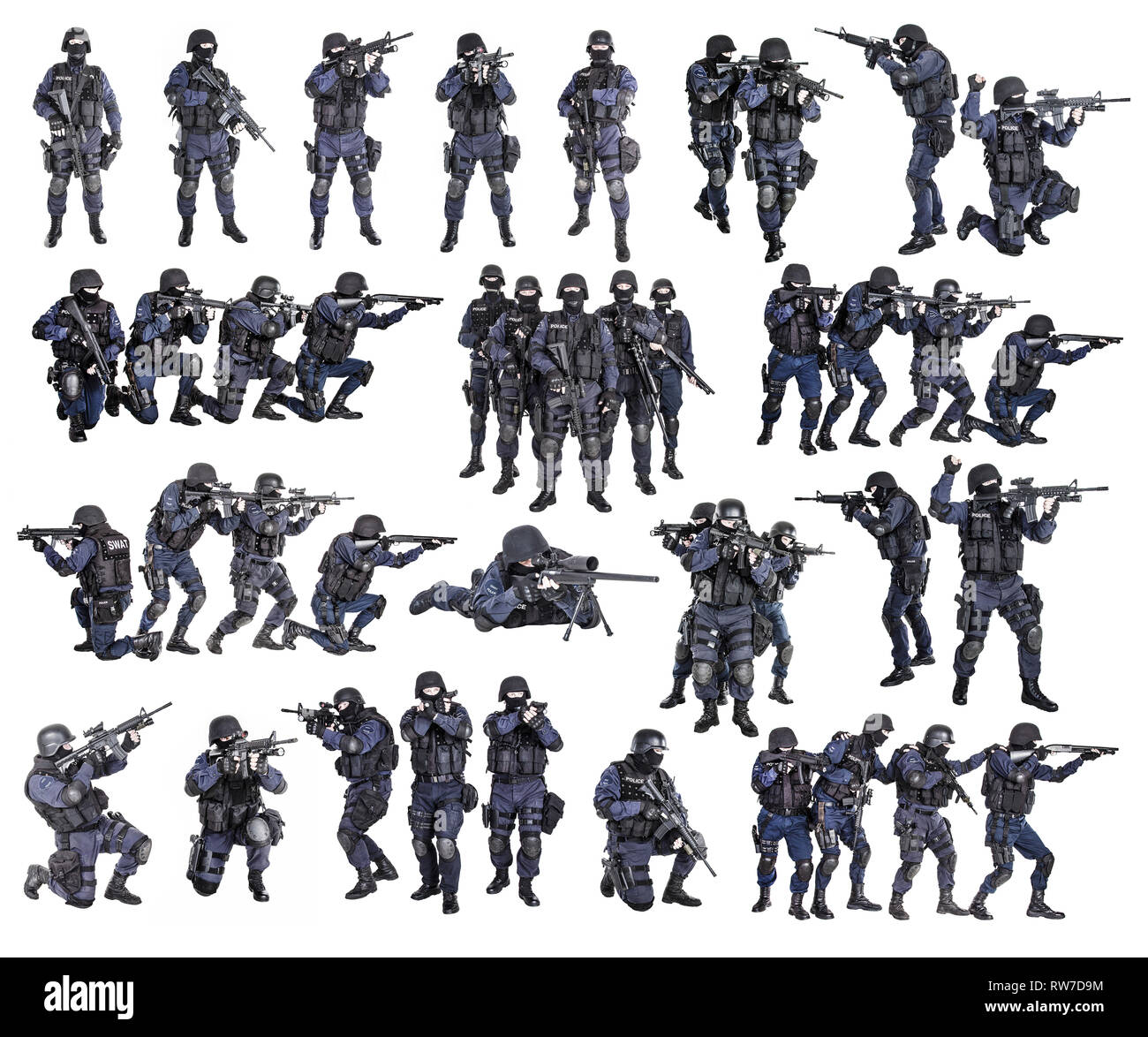 Set of police officers SWAT studio shot isolated on white background ...