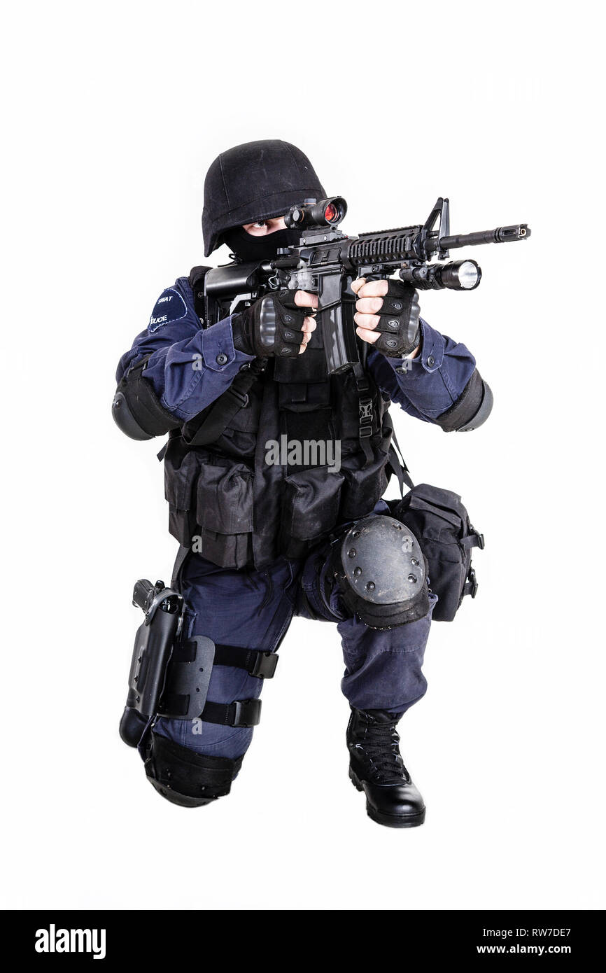Special weapons and tactics (SWAT) team officer with his gun Stock ...