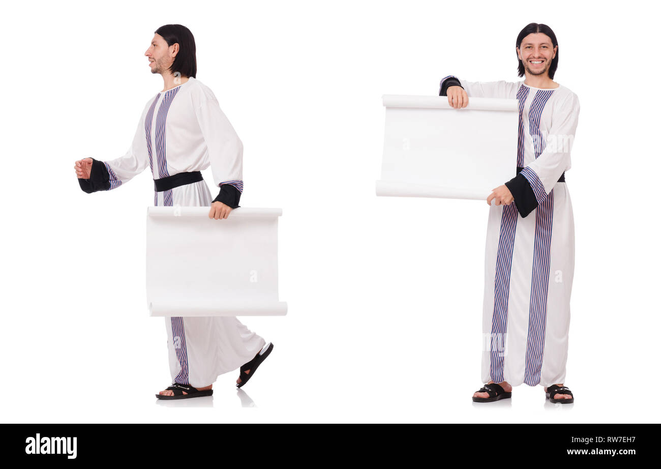 Arab man with white paper isolated on white Stock Photo - Alamy
