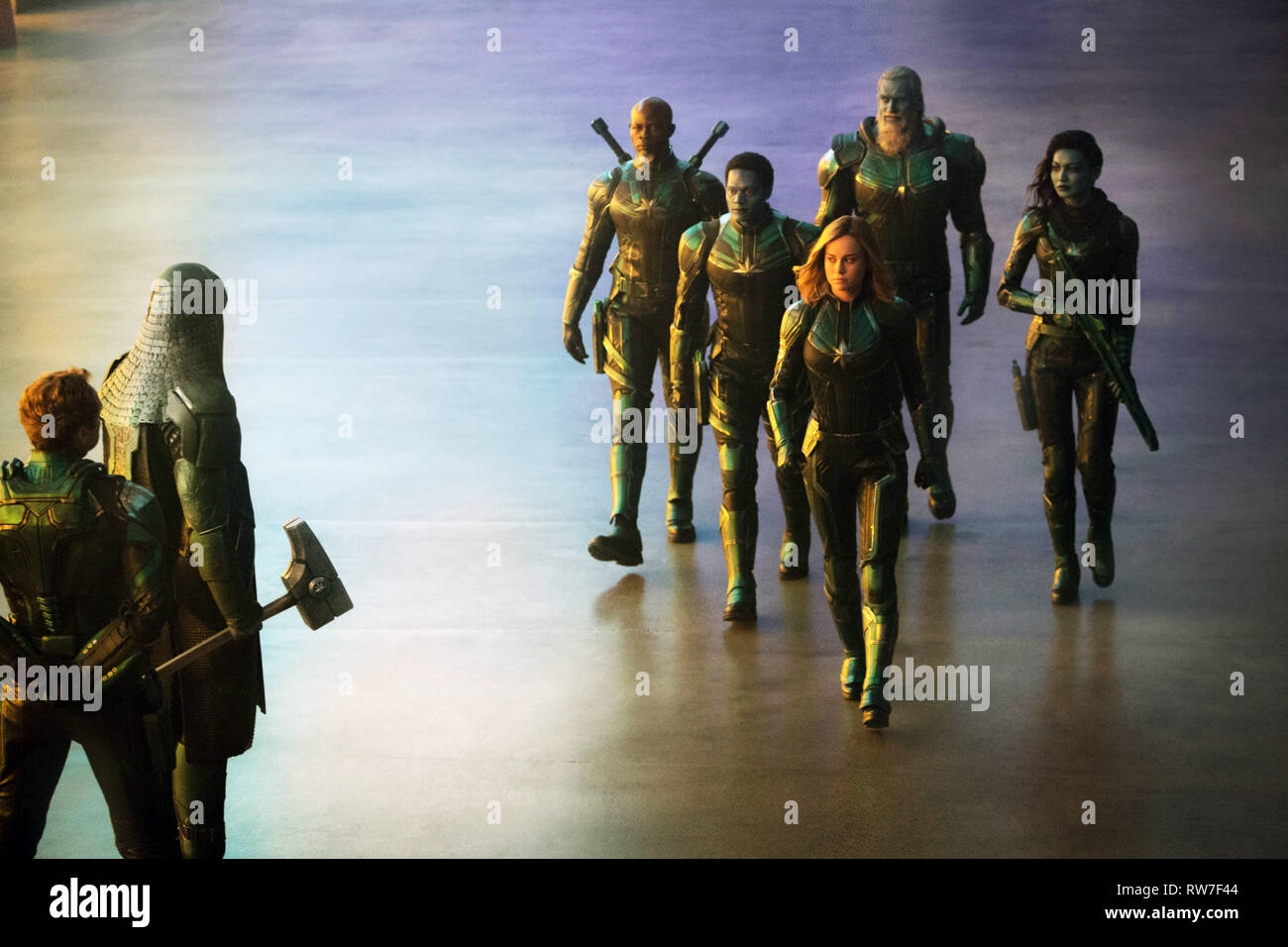 CAPTAIN MARVEL, backs turned, L-R: Jude Law, Lee Pace, group facing ...