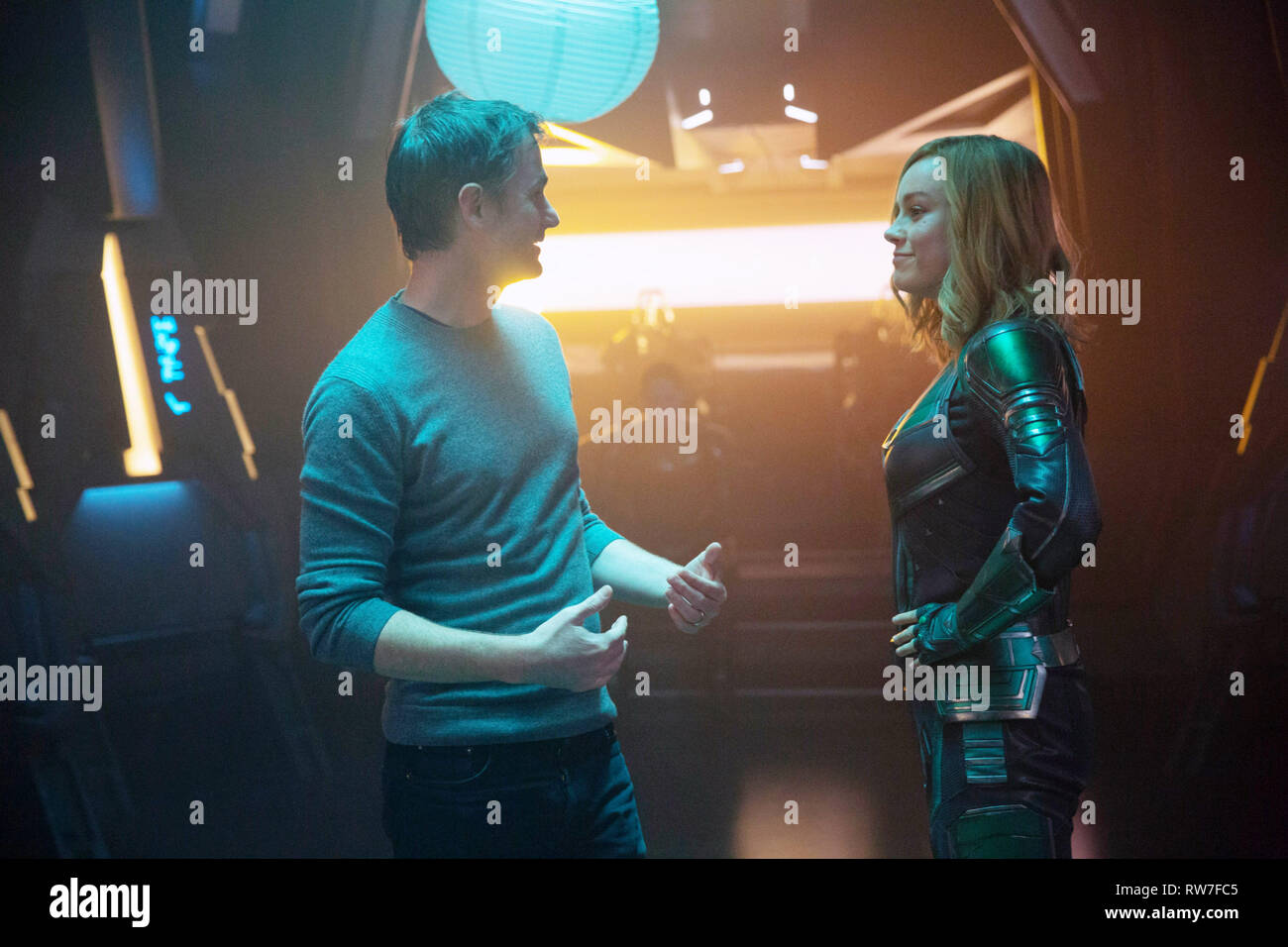 CAPTAIN MARVEL, from left: Director Ryan Fleck, Brie Larson, on set ...