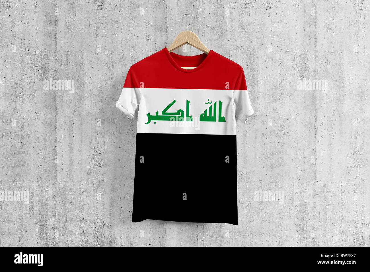 Iraq flag T-shirt on hanger, Iraqi team uniform design idea for garment ...