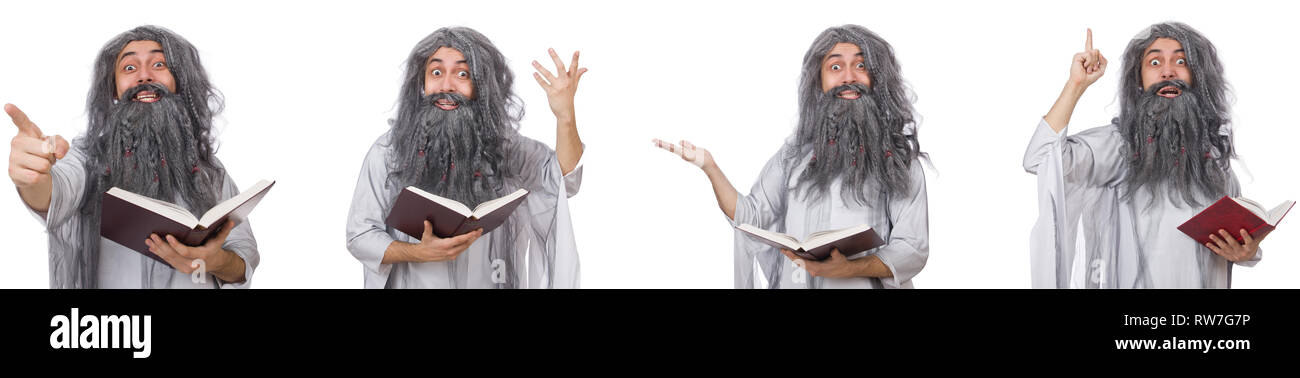 Funny old wizard with book Stock Photo - Alamy