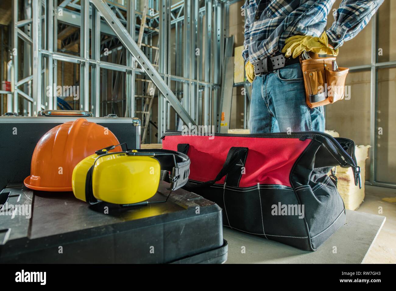 Construction Site Job. Worker and His Equipment. Preparing For the Work ...
