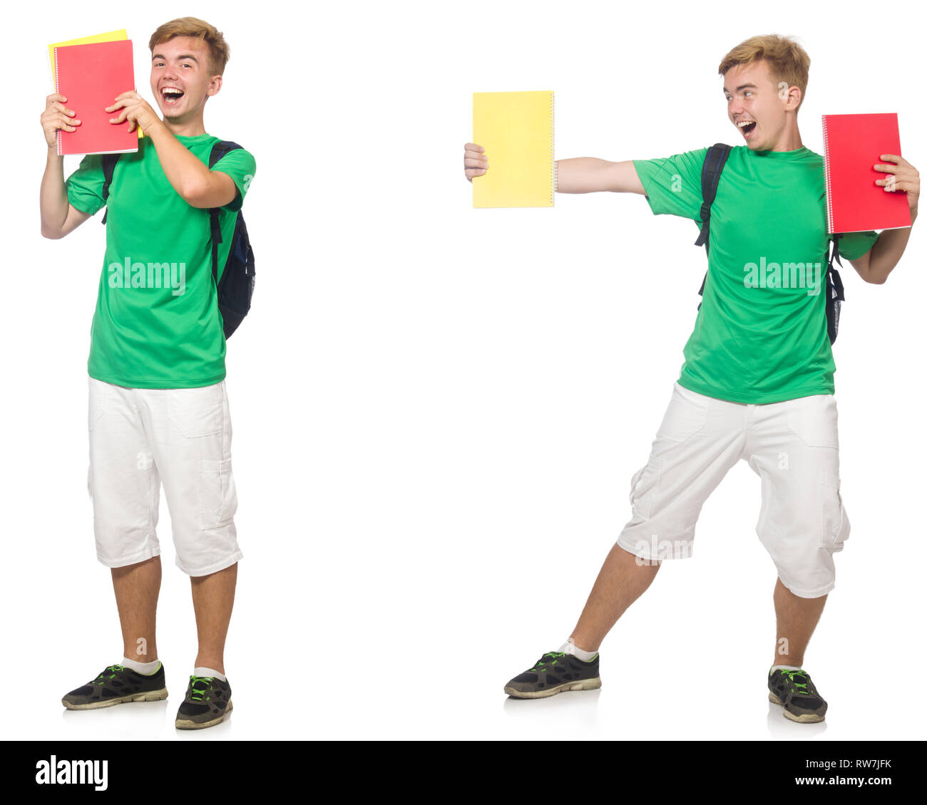 Young student with backpack and notes isolated on white Stock Photo - Alamy