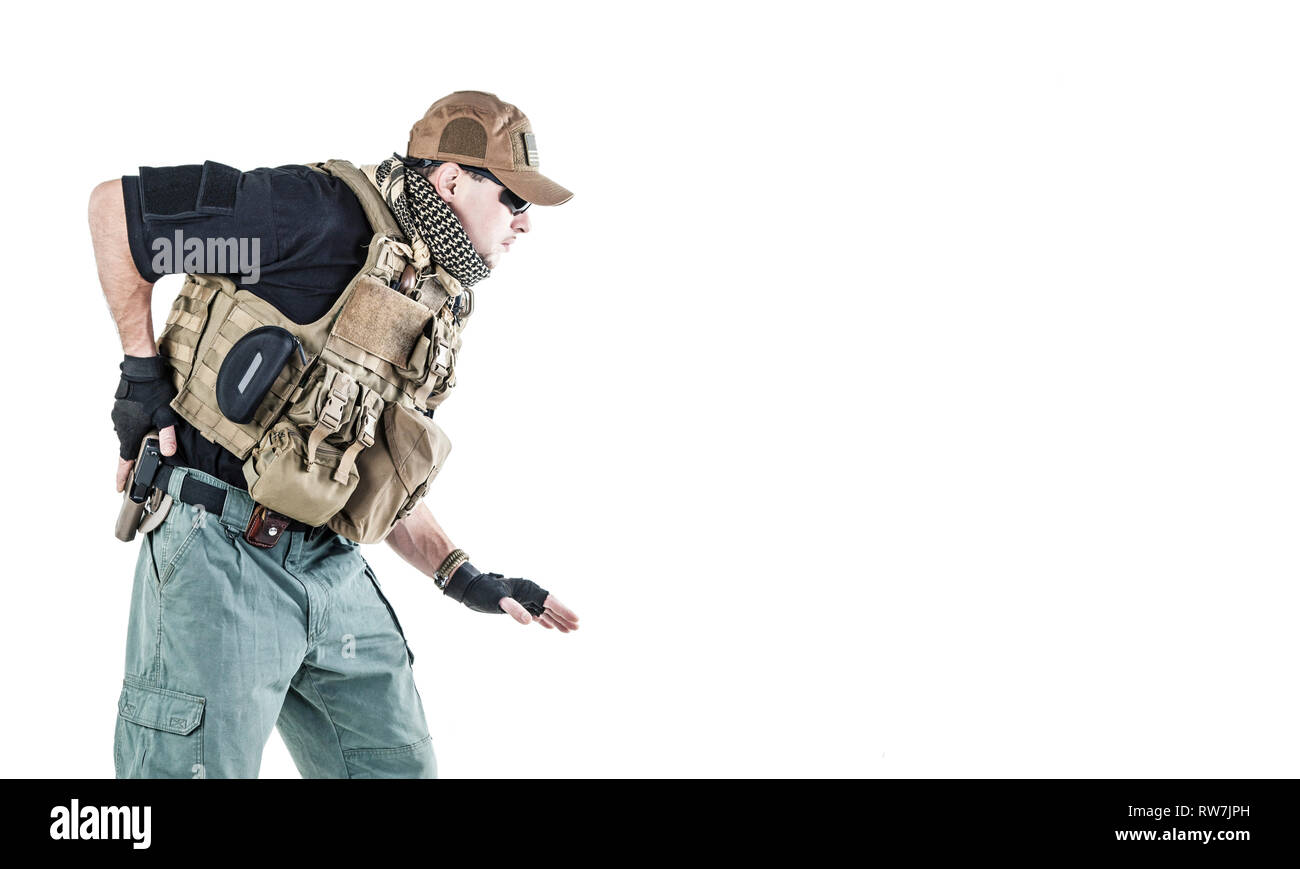 Studio shot of private military contractor PMC with assault rifle Stock ...