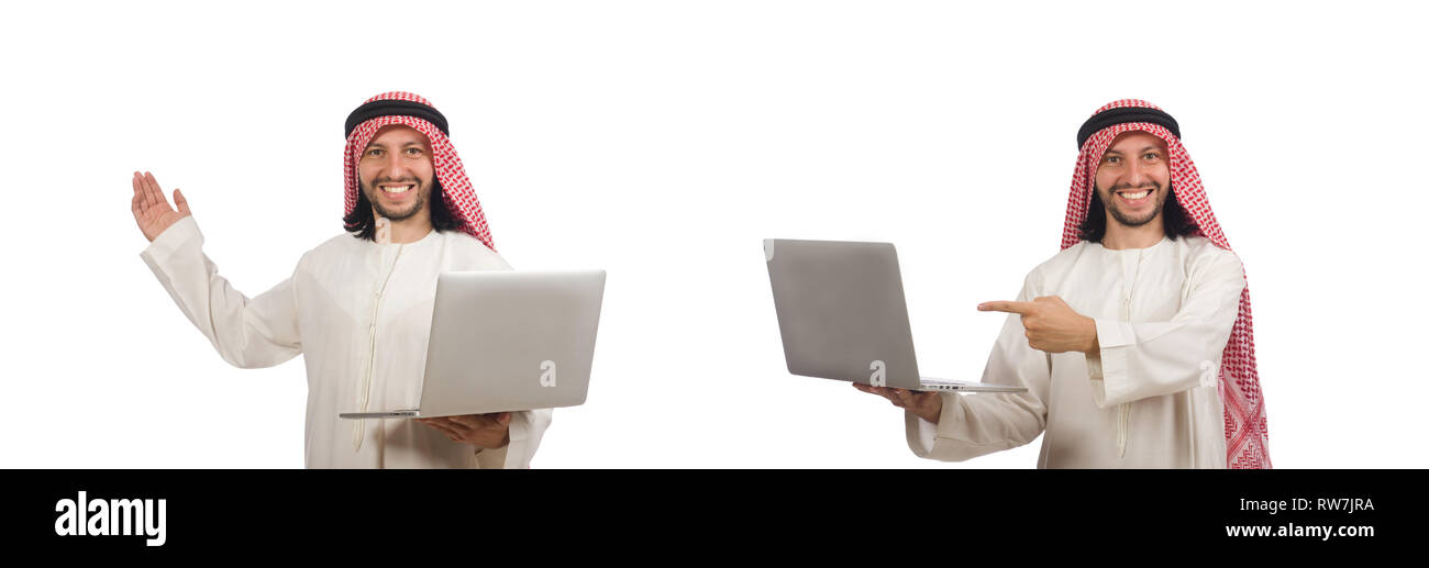Arab man with laptop isolated on white Stock Photo - Alamy