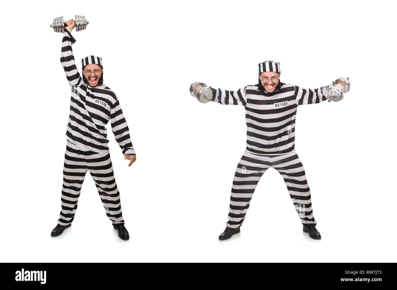 Prison inmate with dumbbells isolated on white Stock Photo - Alamy